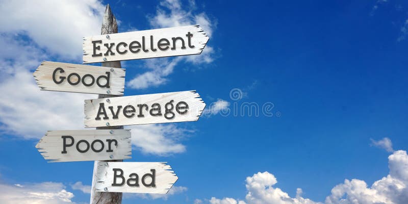 Excellent, Good, Average, Poor, Bad - Wooden Signpost with Five Arrows ...