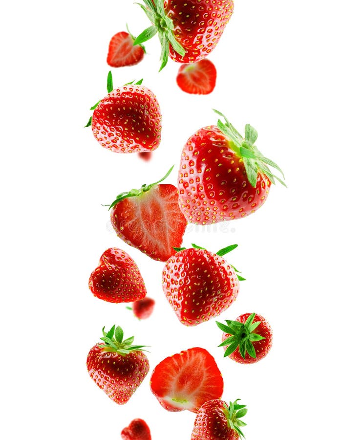 Excellently Retouched Whole and Halved Strawberries Fall into Space ...