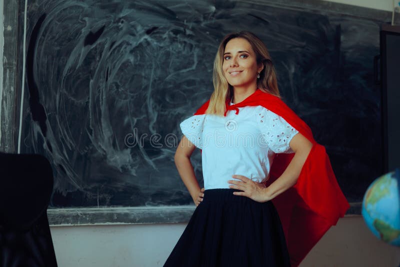 Superhero Teacher Wearing a Red Cape Standing in Front of a Blackboard ...