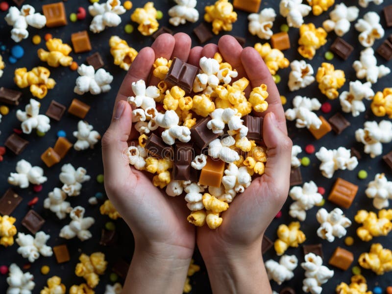 Woman Holding Handful of Popcorn and Candy Stock Illustration ...