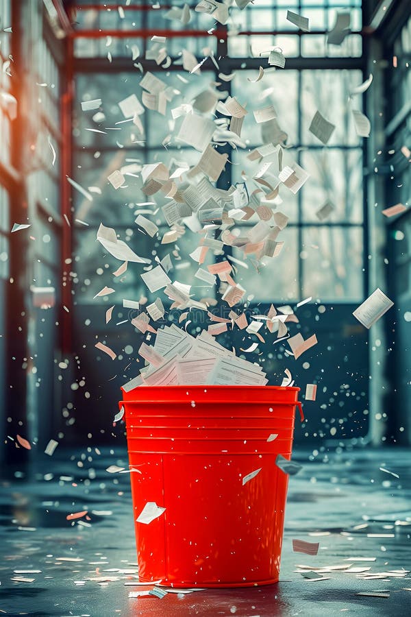 Excessive Use of Paper in the Office. a Trash Can with Paper Flying in ...