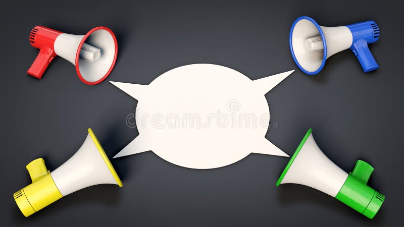 Exchange of Opinions - 4 Different Colored Megaphones with Speech ...