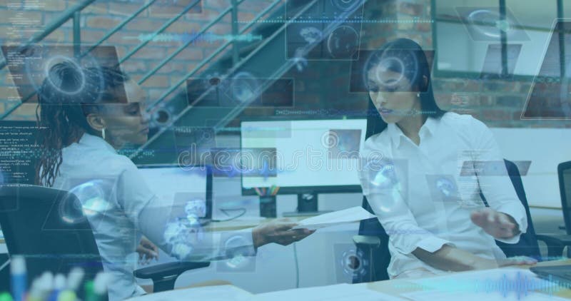 Exchanging Documents with Digital Data Animation, Businesswomen in ...