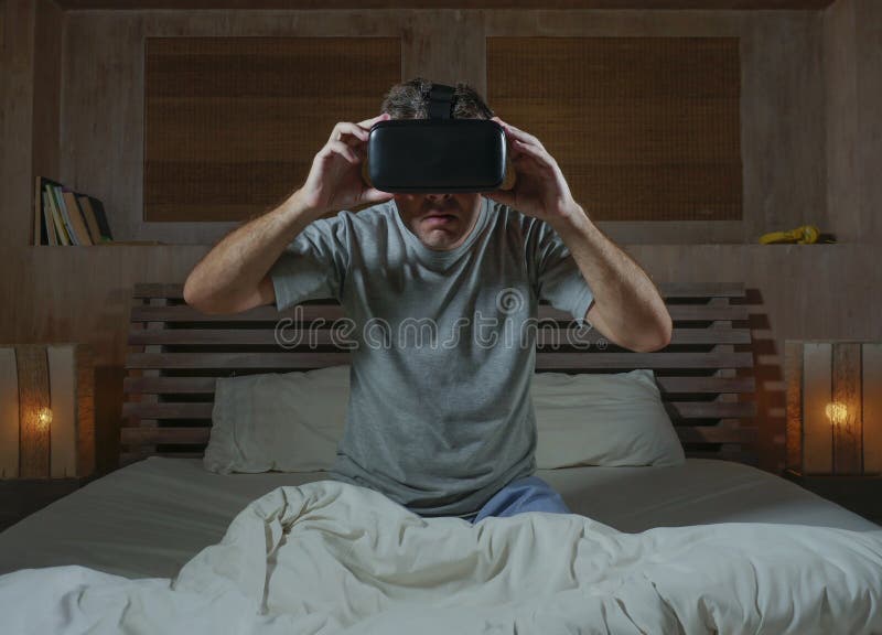 Excited and Amazed Man Wearing VR Virtual Reality Goggles Device ...