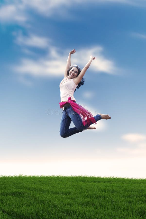 Excited Asian Woman Jumping Stock Image - Image of cute, indonesian ...