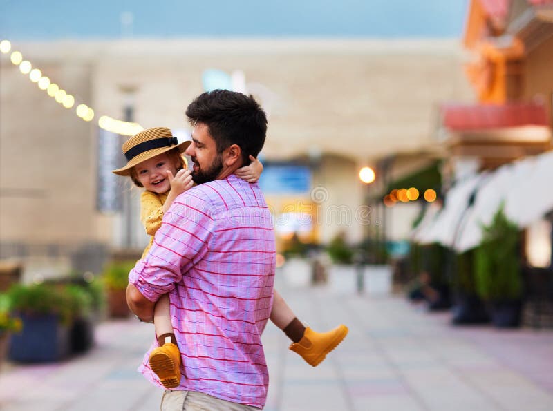 Excited Baby Daughter Having Fun with Daddy on the Street Stock Photo ...