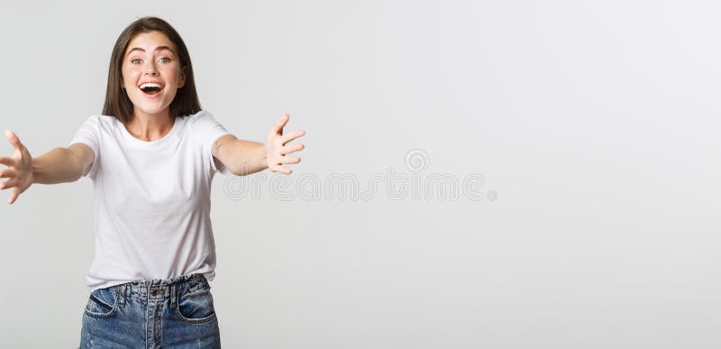 Excited Beautiful Girl Extend Hands Forward, Reaching for Hug and ...