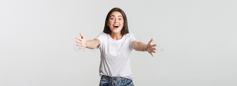Excited Beautiful Girl Extend Hands Forward, Reaching for Hug and ...