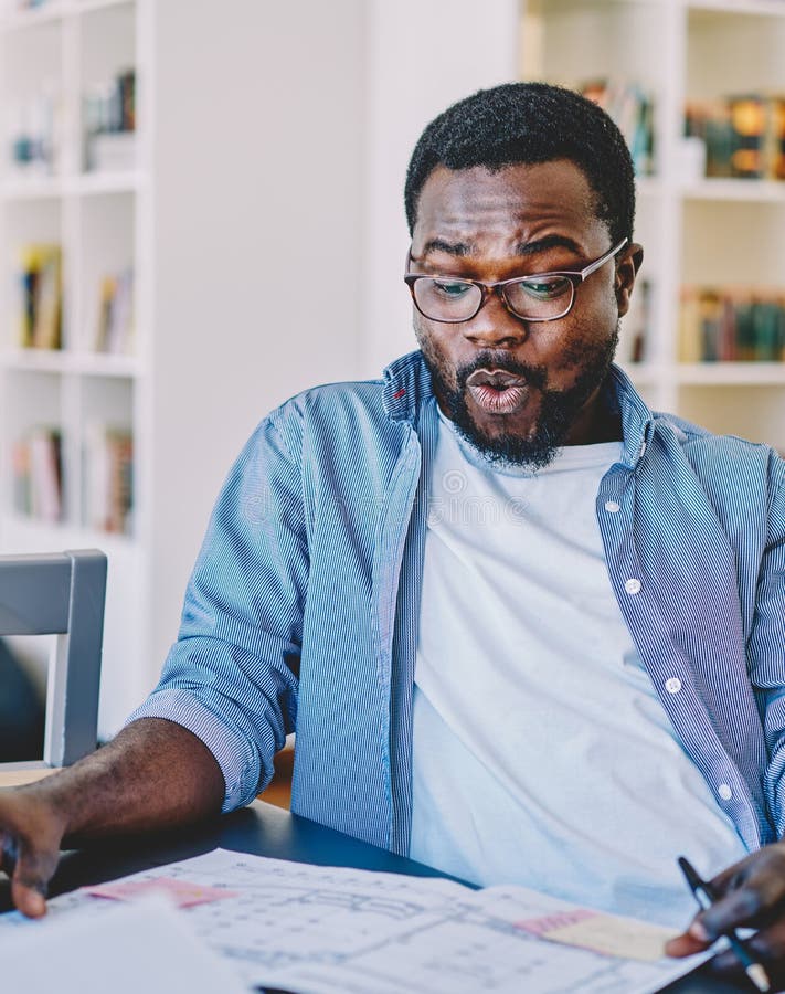Excited Black Engineer Working with Draft Stock Photo - Image of ...