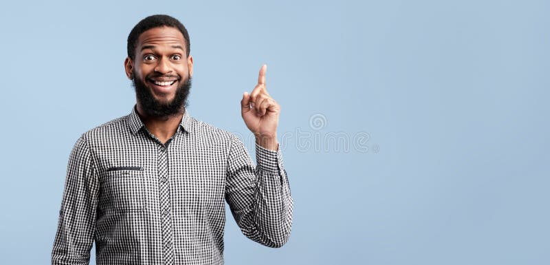 Excited Black Guy Having Great Idea and Pointing Up Stock Photo - Image ...