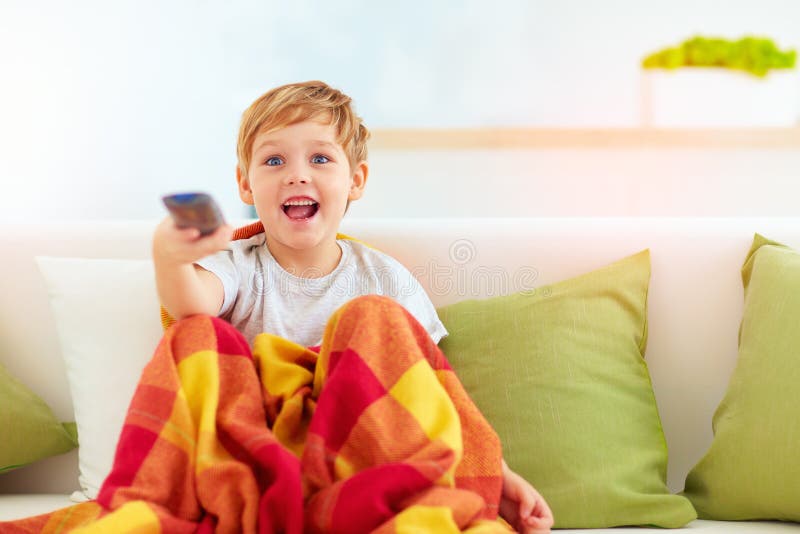Excited Boy, Kid Watching Tv at Home Stock Photo - Image of living ...