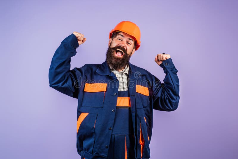Excited Builder in Hardhat. Construction Man with Helmet. Worker in ...