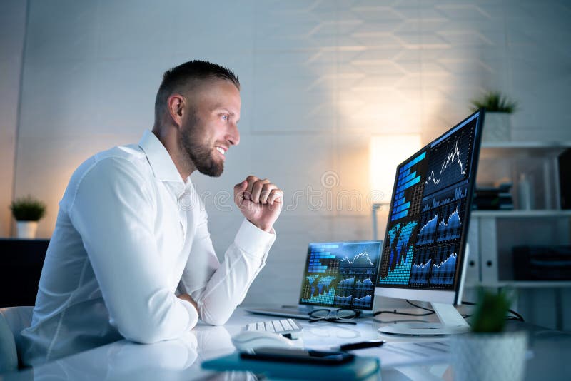 Excited Business Analyst Using Data Dashboard on Computer Stock Image ...