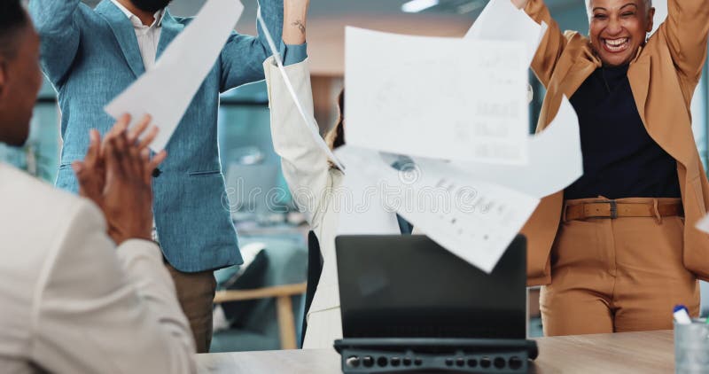 Excited, Business People and Paperwork in Celebration, Office and ...