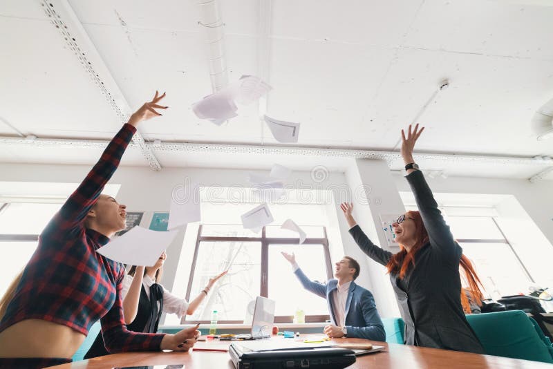 Excited Business People Throwing Papers, Documents Fly in Air Stock ...