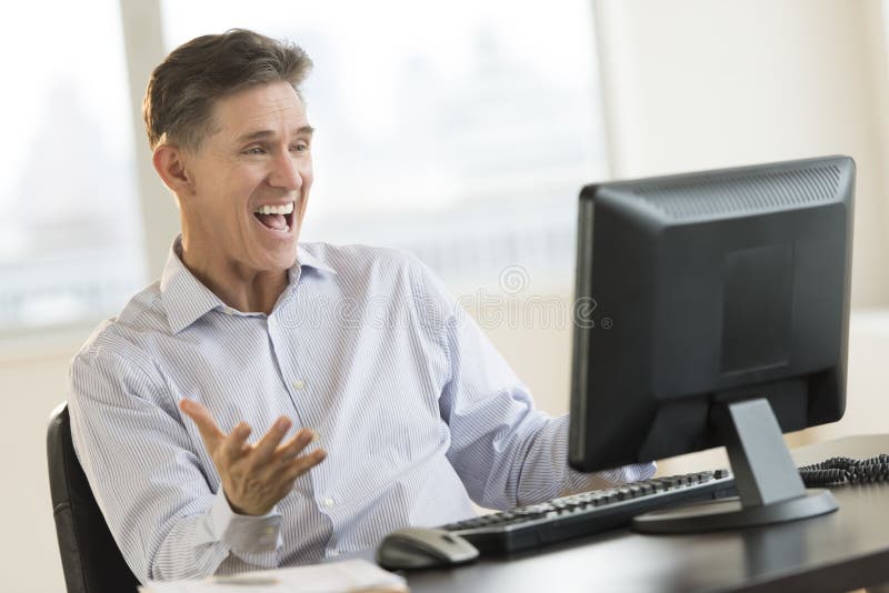 Excited Businessman Shouting White Using Desktop Pc Stock Photo - Image ...
