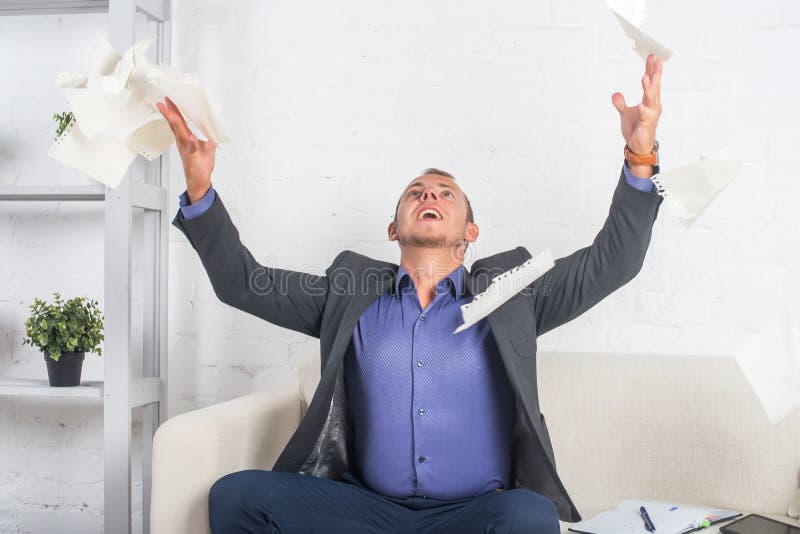 Excited Businessman Throwing Papers at the Office Stock Image - Image ...