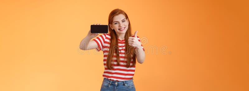 Excited Cheerful Redhead Attractive Woman Delighted Show Thumb Up