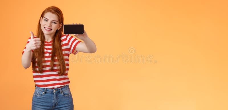 Excited Cheerful Redhead Attractive Woman Delighted Show Thumb Up