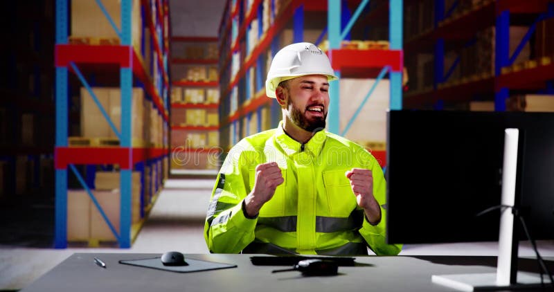 Excited Cheering Engineer Using PC Stock Photo - Image of cheering ...