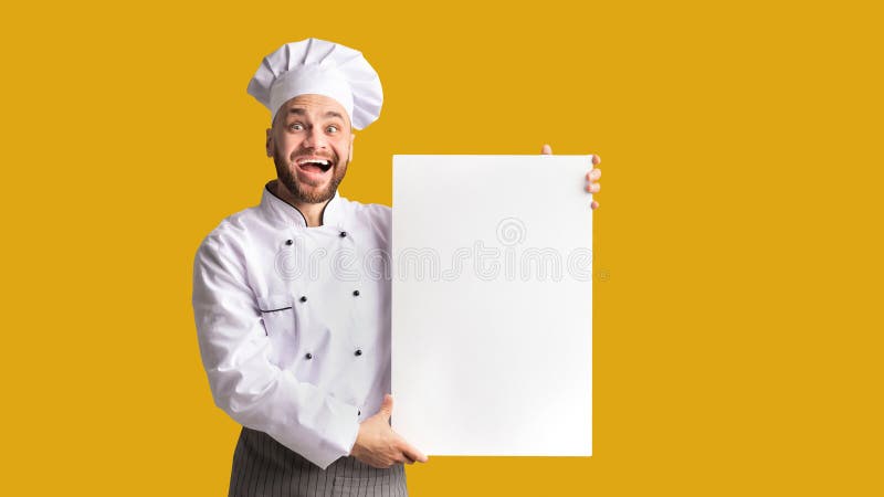Excited Chef Holding Blank Poster Standing on Black Background, Mockup ...