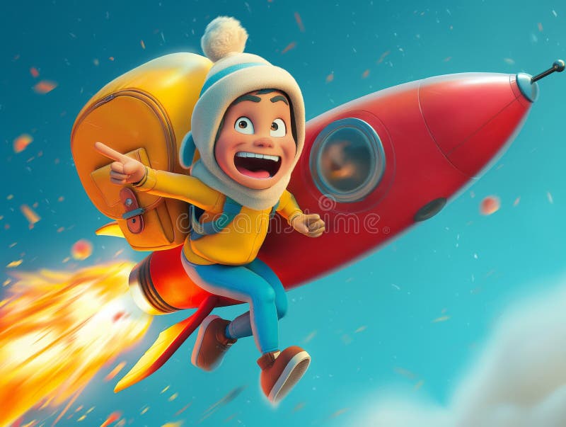 Excited Child Riding a Rocket in the Sky Stock Image - Image of ...