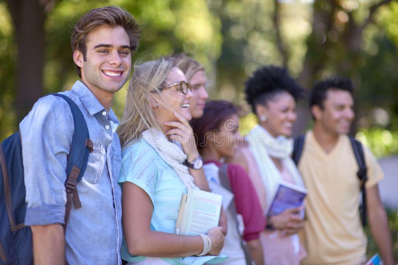 Excited about College. a Group of Students Standing in a Line on Campus ...