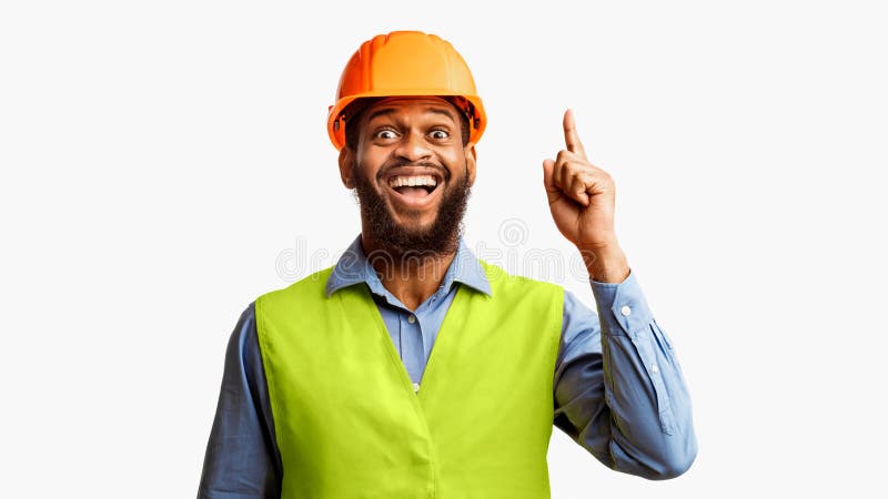 Excited Construction Worker Pointing Finger Up Having Idea, White ...