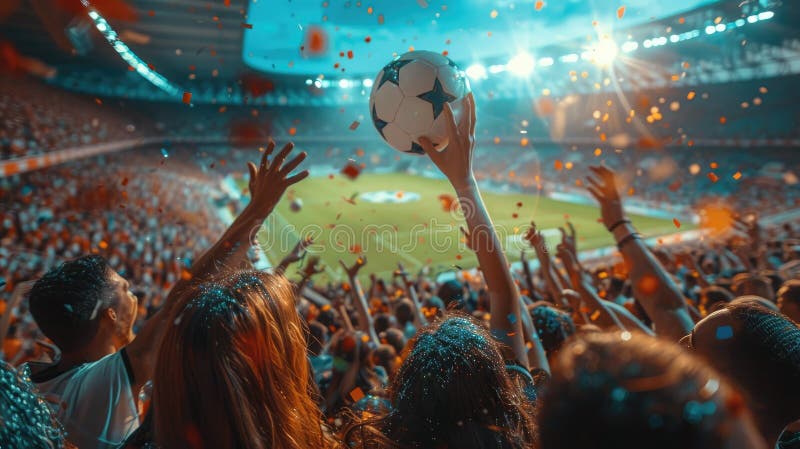 Excited Crowd Cheering in a Stadium with Confetti Flying Around Stock ...