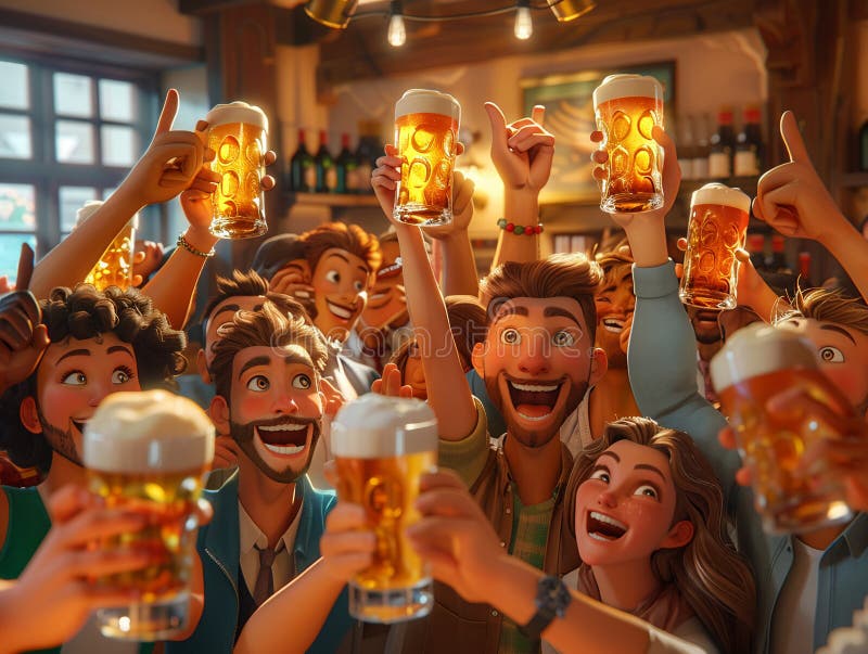 Excited Crowd at a Pub Crawl with Pilsner Flat Design Front View ...