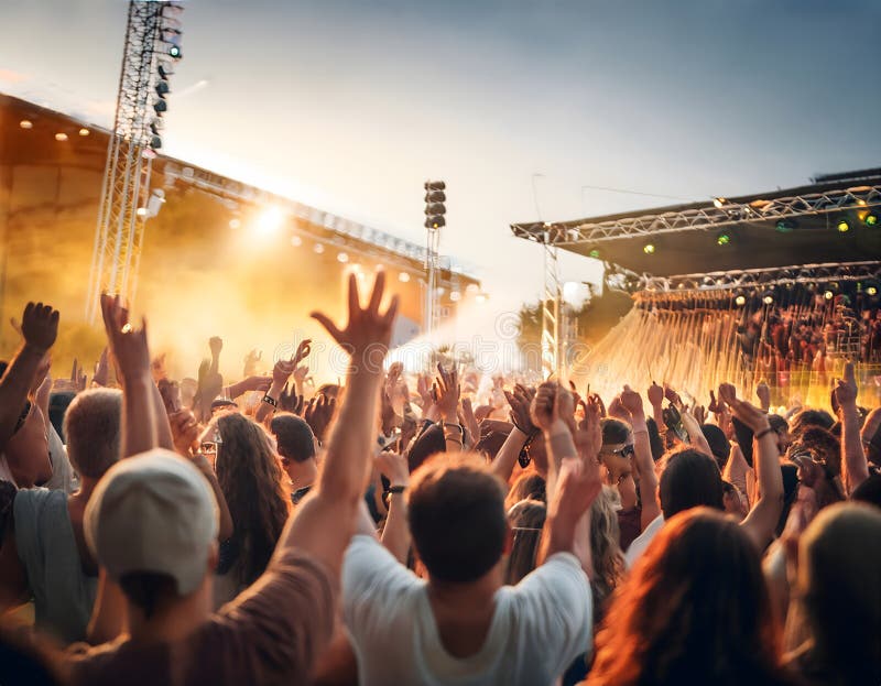 Excited Crowd with Raised Hands Watching a Concert on a Brightly Lit ...