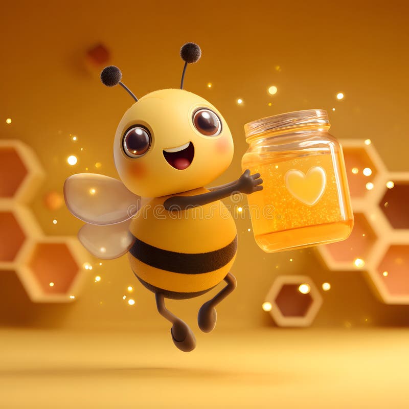 Excited 3D Cartoon Bee Holding a Honey Jar Stock Illustration ...