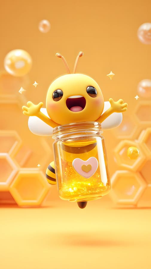 Excited 3D Cartoon Bee Holding a Honey Jar Stock Illustration ...