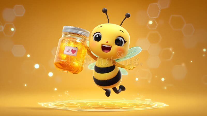 Excited 3D Cartoon Bee Holding a Honey Jar Stock Illustration ...