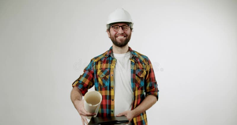 Excited Engineer or Architect with Blueprints and Clipboard Celebrates ...