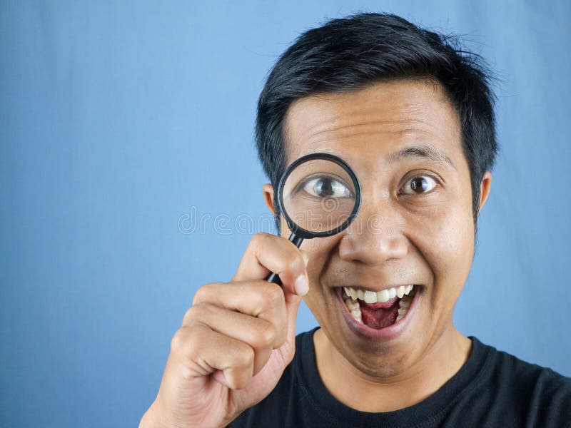 Excited Expression Asian Man Looking Magnifying Glass Searching ...