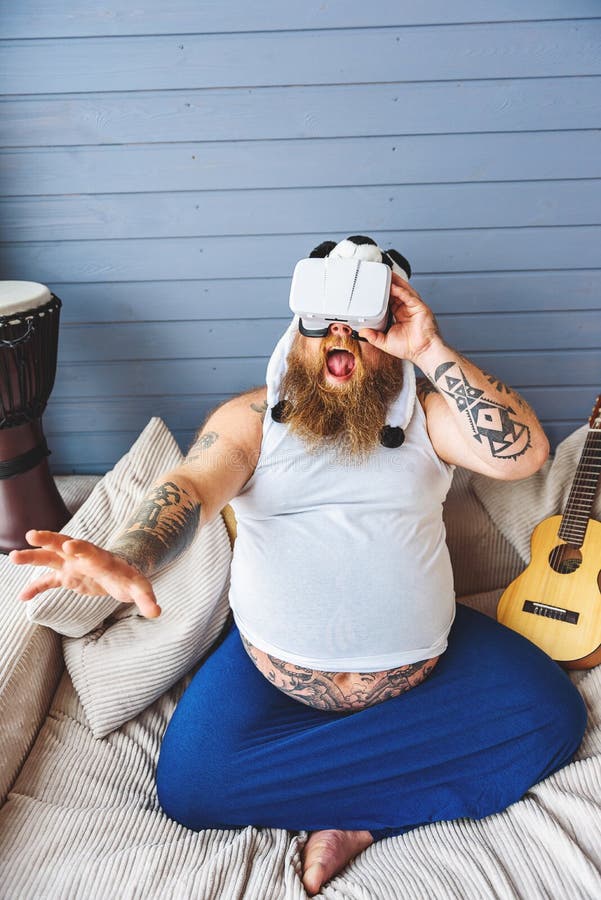 Excited Fat Man Watching Virtual Reality Device Stock Photo - Image of ...