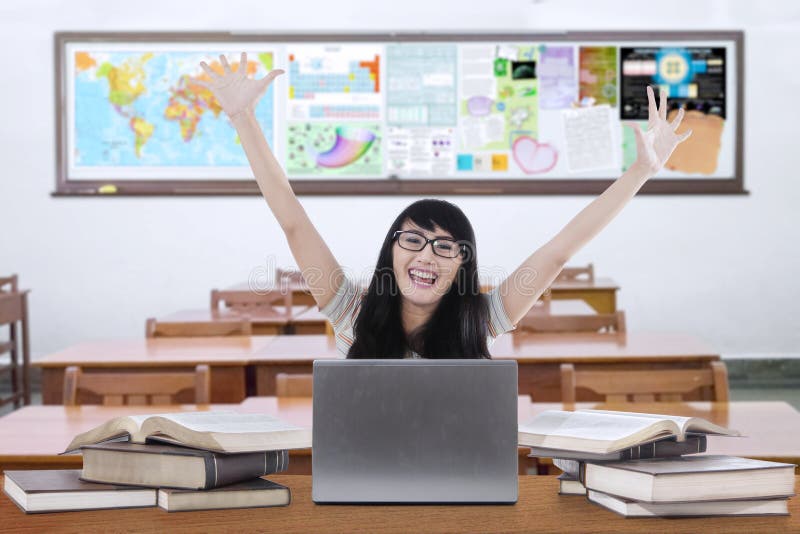Excited Female Learner Raise Hands in Class Stock Image - Image of ...