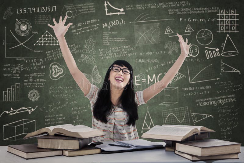 Excited Female Student in Class with Books Stock Photo - Image of ...