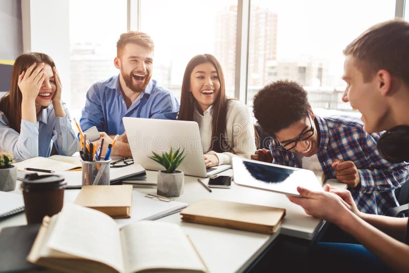 Excited Friends Having Break in College Library Stock Photo - Image of ...
