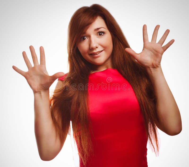 Girl Surprised Brunette Excited Woman Throws Up His Hands Opened Stock