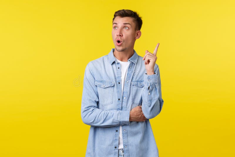 Excited Handsome Smart Guy Have Interesting Idea, Looking Up and Raise ...