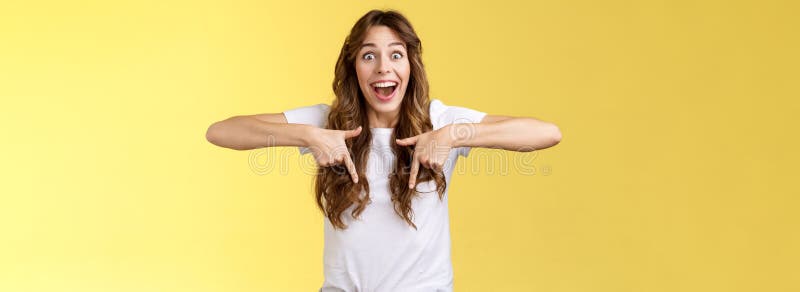 Excited Happy Cheerful Impressed Cute Brunette Girl Long Haircut