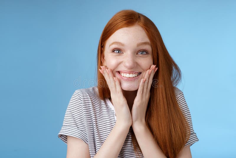 Excited Happy Cheerful Redhead Ginger Girl Smiling Joyfully Touch