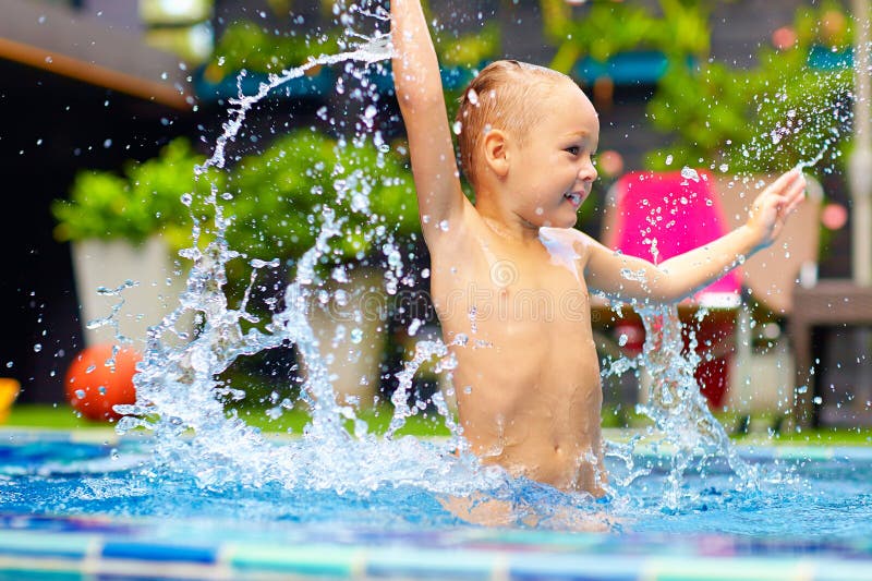 Excited Kid Boy in Pool. Child Swimming in Water Pool. Summer Kids ...