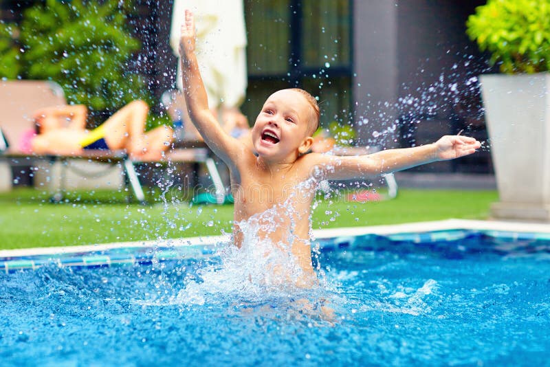 Excited Happy Kid Boy Jumping in Pool, Water Fun Stock Image - Image of ...
