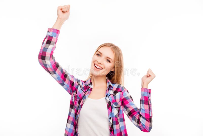 Excited Happy Successful Woman Triumphing with Raised Hands Stock Image ...