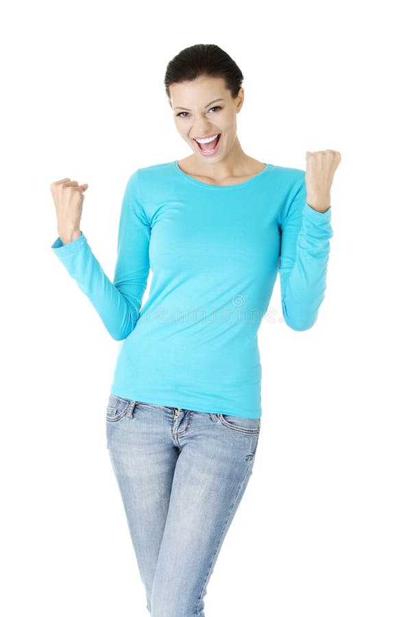 Excited Happy Young Woman With Fists Up Stock Image Image Of