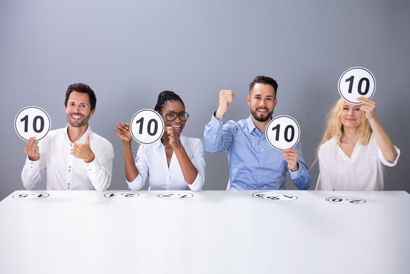 Panel Judges Holding Perfect Score Signs Stock Photo - Image of judge ...