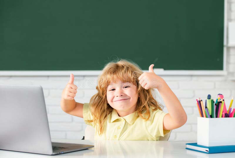 Excited Kid Boy Face with Thumbs Up Learning Lesson at School, Making ...